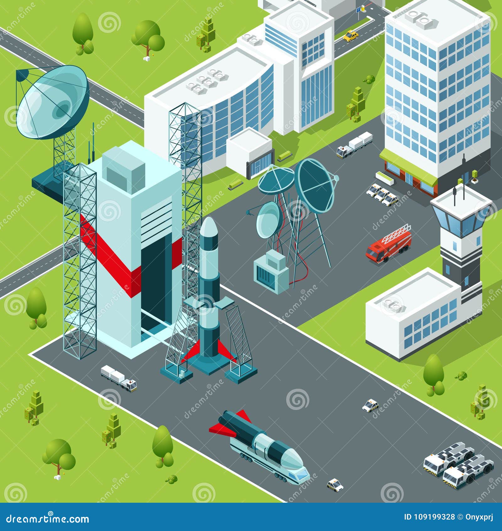 Spaceport Isometric Vector Concepts. Missiles Rocket Hangar Shuttle ...
