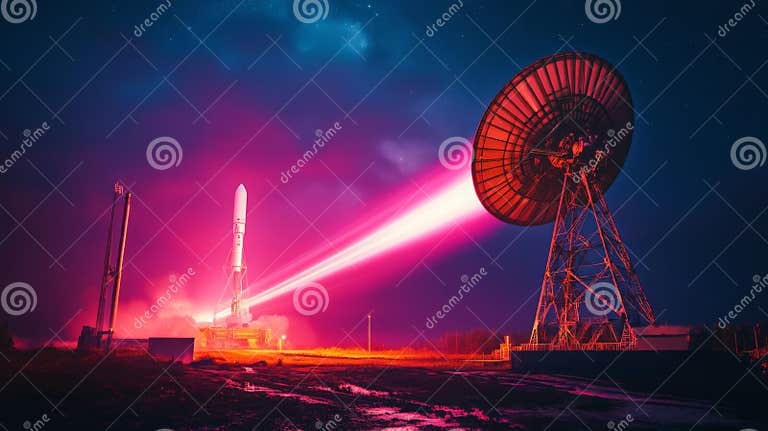 Launch of a Rocket Illuminated by Vibrant Beams at Space Facility Under ...