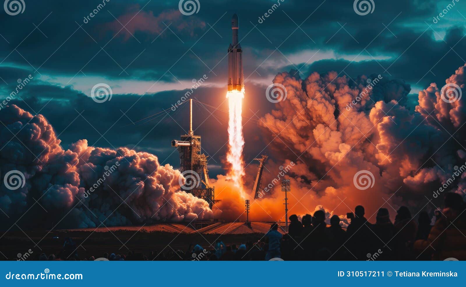 The Launch of a Space Rocket, Captured from a Distance, with a Crowd ...