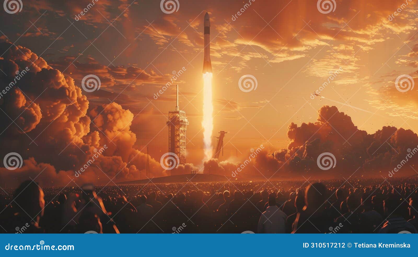 The Launch of a Space Rocket, Captured from a Distance, with a Crowd ...