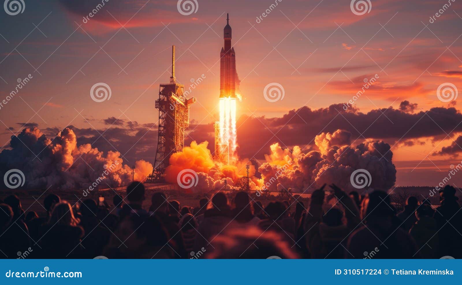 The Launch of a Space Rocket, Captured from a Distance, with a Crowd ...