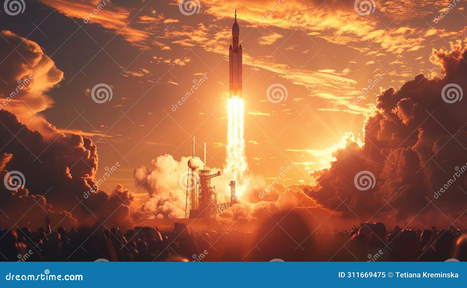 The Launch of a Space Rocket, Captured from a Distance, with a Crowd ...