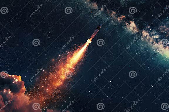 Launch of a Space Rocket at Night Illuminating the Dark Sky with Fire ...