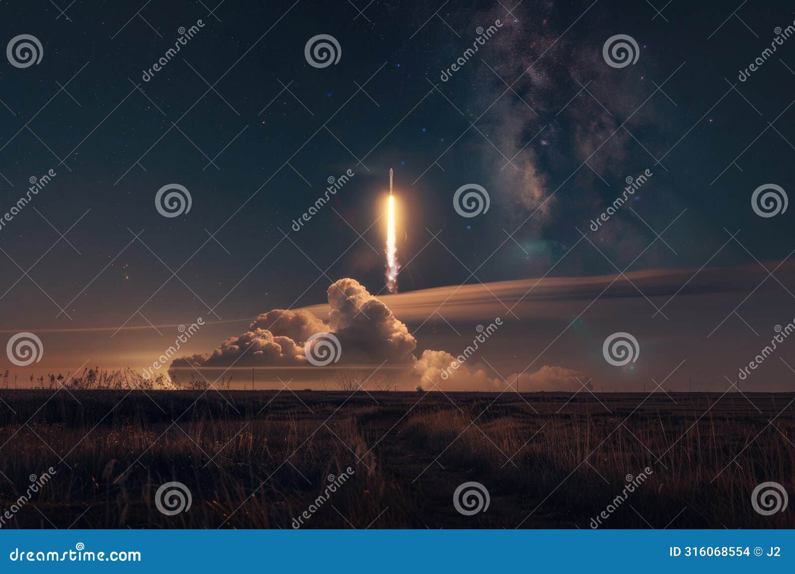 Launch of a Space Rocket at Night Illuminating the Dark Sky with Fire ...