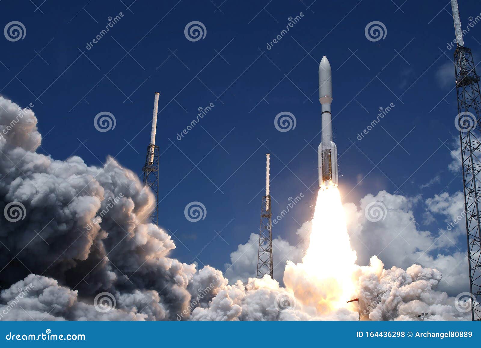 The Launch of a Space Rocket. with Smoke and Fire Stock Photo - Image ...
