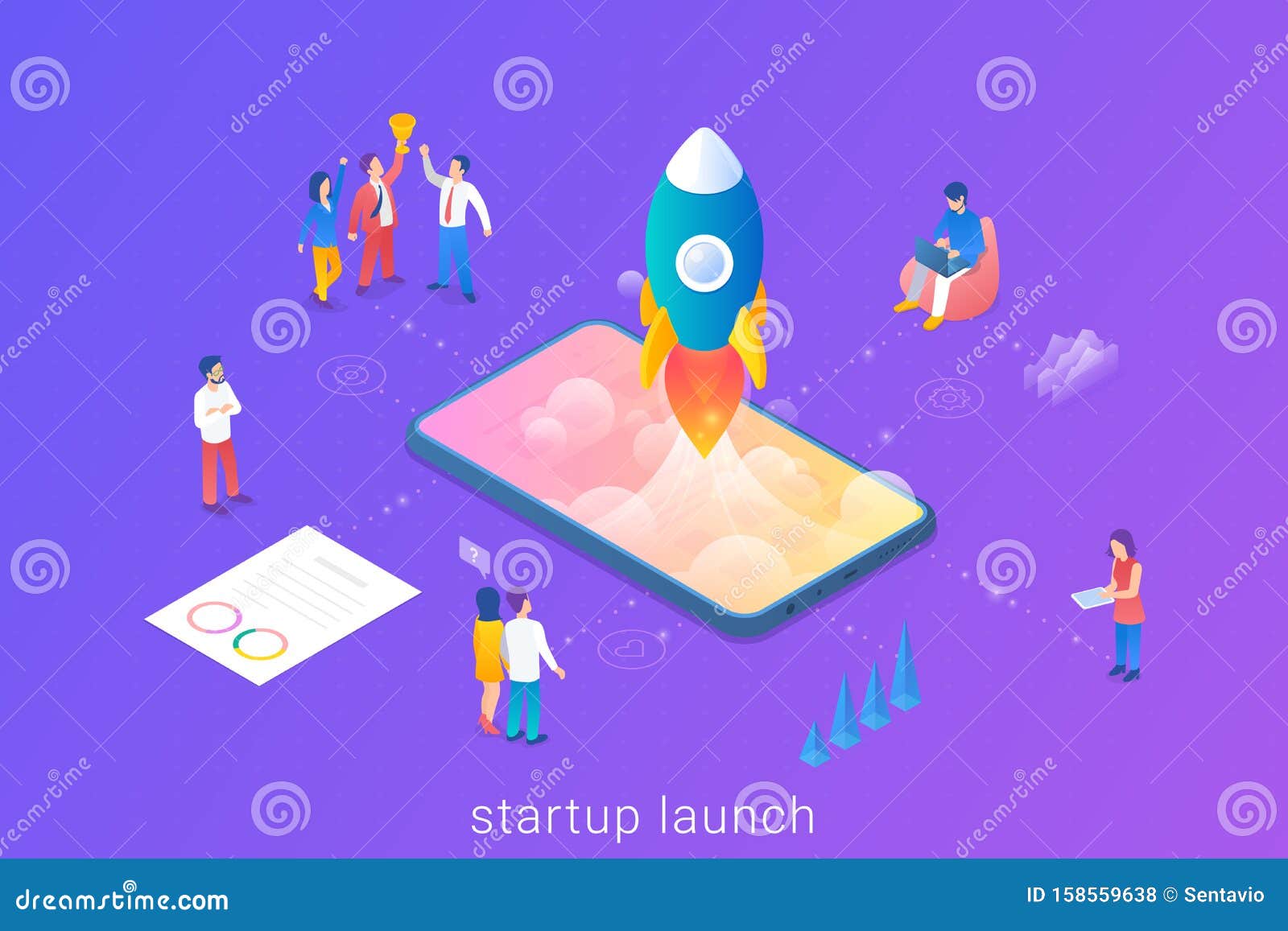 Launch Startup Isometric Flat Vector Illustration. People Teamwork in ...