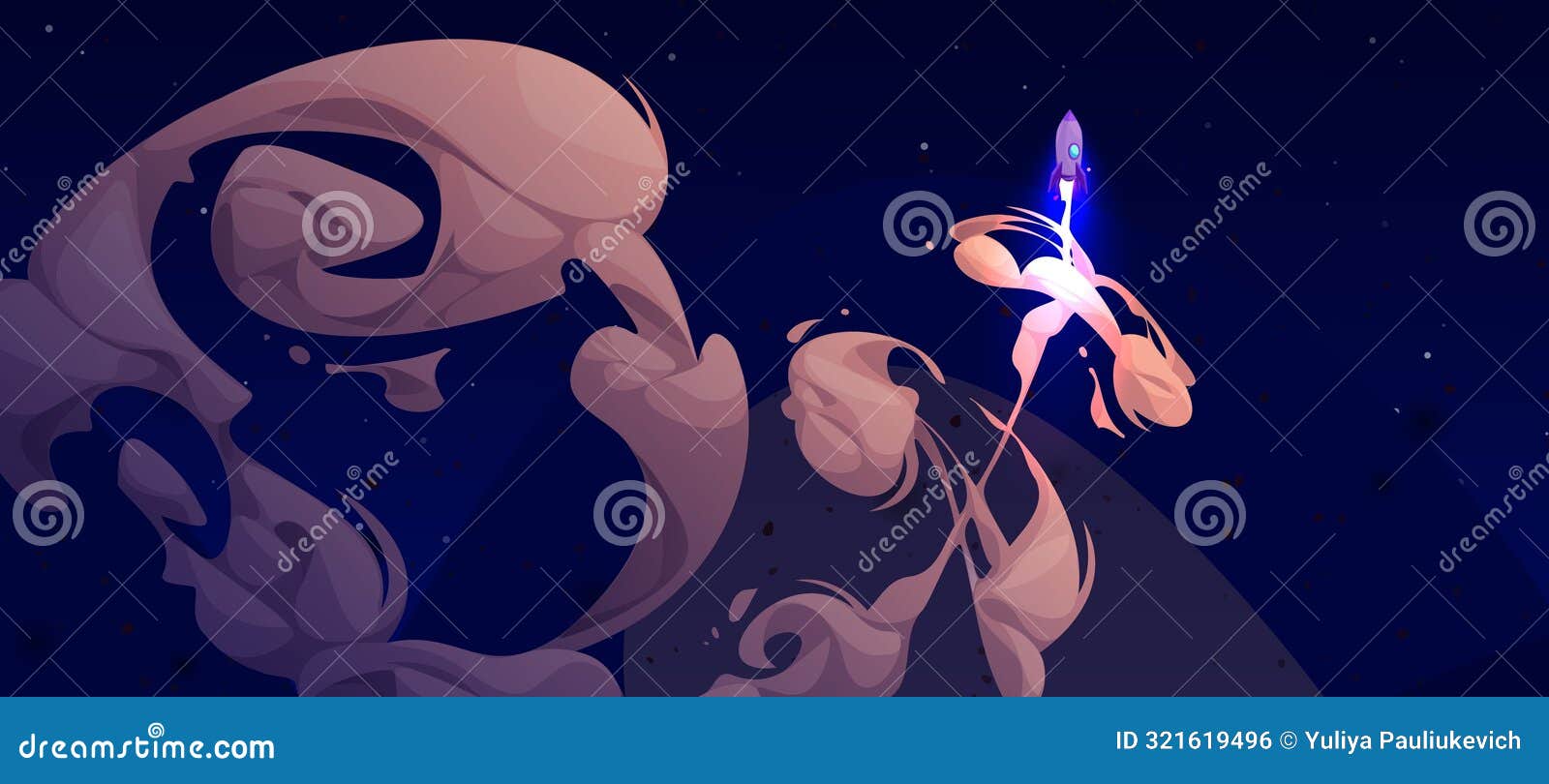 Launched Rocket Flying in Dark Sky with Cloud Path Stock Vector ...