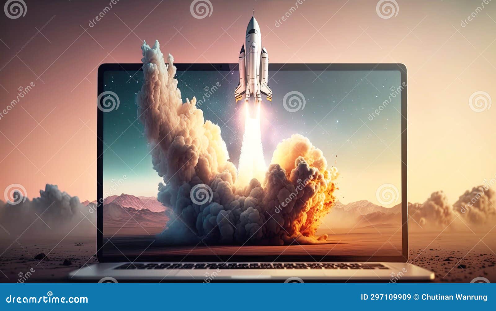 Launching Business Concept. Space Rocket Fast Laptop Screen Computer ...