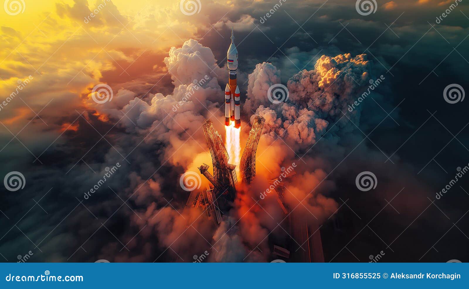 Launching Rocket from Cosmodrome into Space. Aerial Top View Above ...