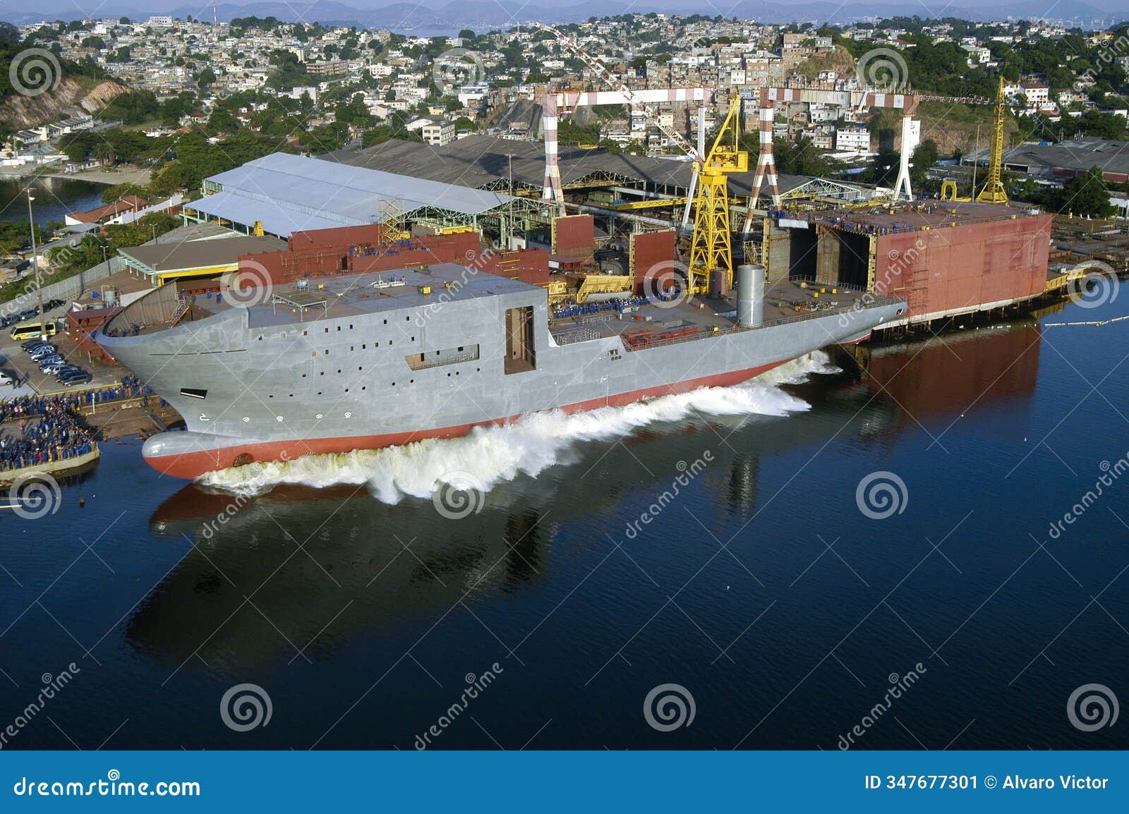 Aereal View of a Side Launch of a Ship Built in the Shipyard. Stock ...