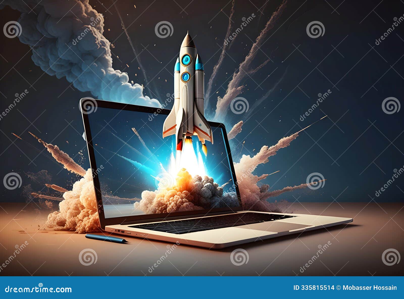 Launching Space Rocket from Laptop Screen Stock Illustration ...
