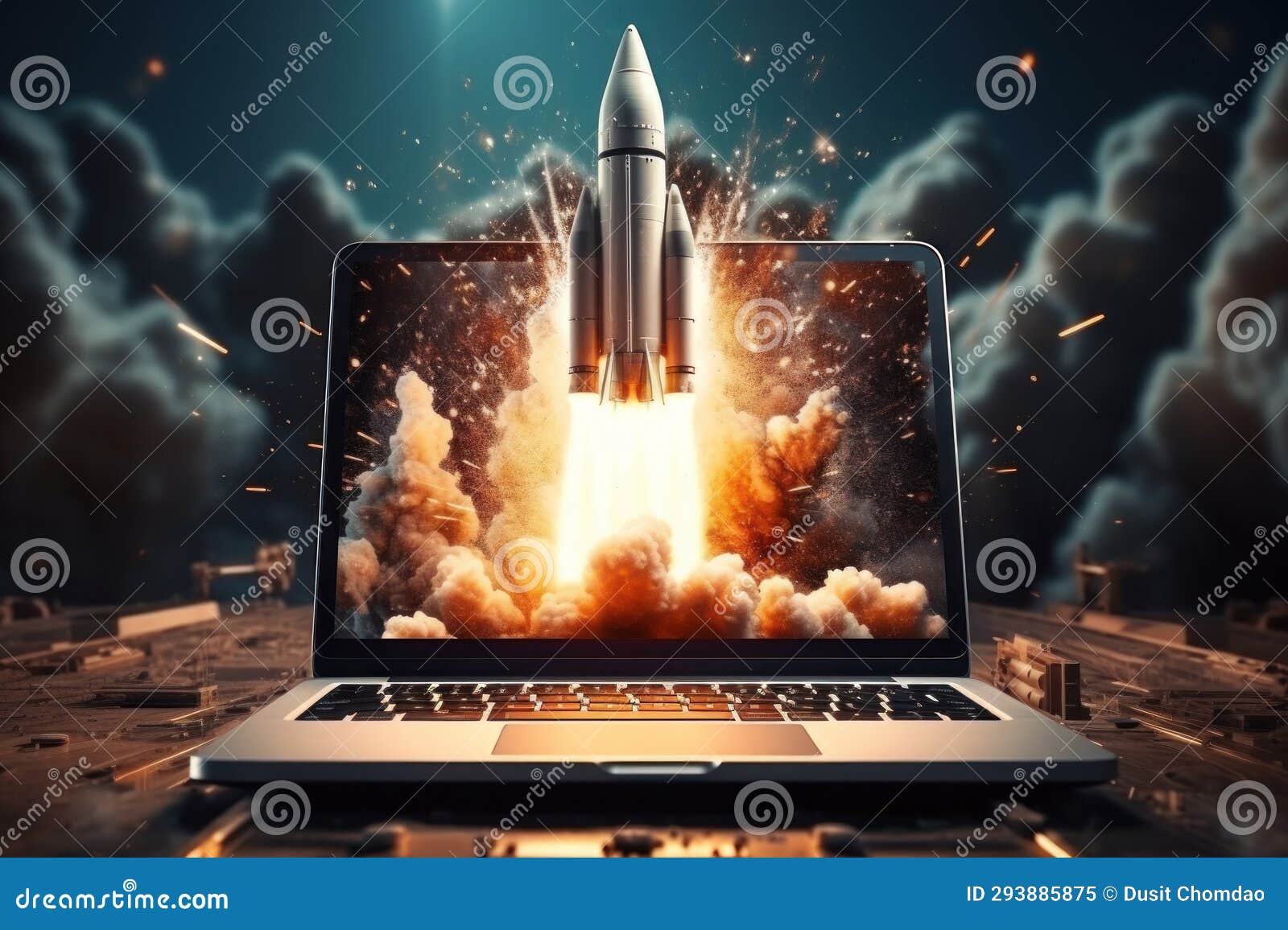 Launching Space Rocket from Laptop Screen. Generative AI Stock ...