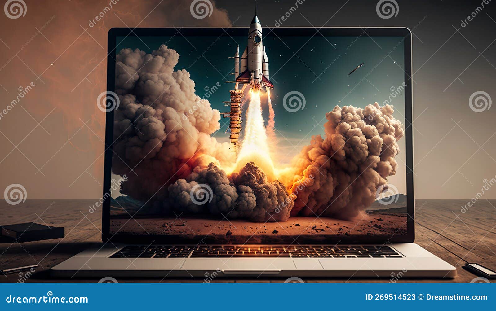 Launching Space Rocket from Laptop Screen Startup Concept - Generative ...