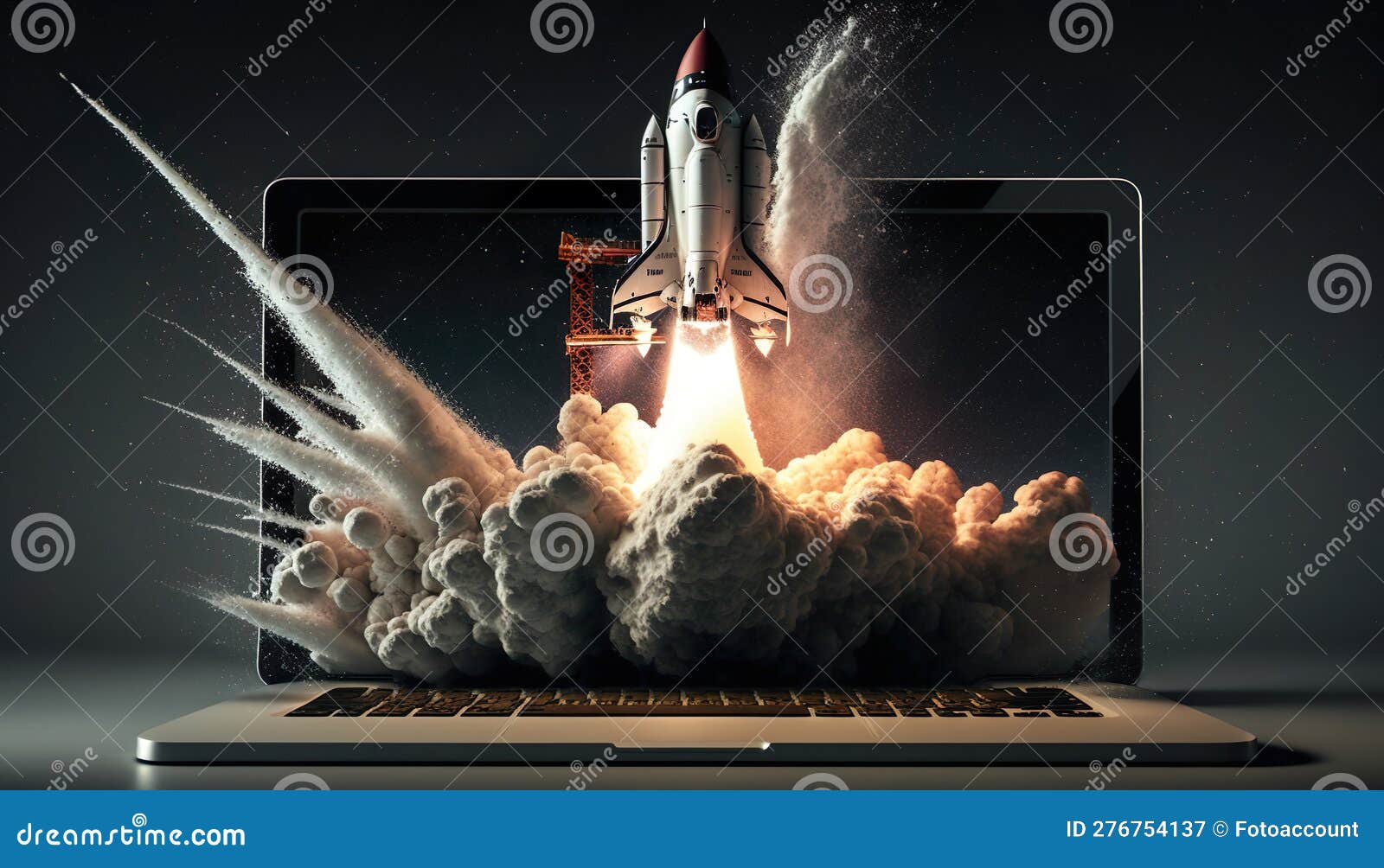 Launching Space Rocket from Laptop Screen for Startup Concept ...