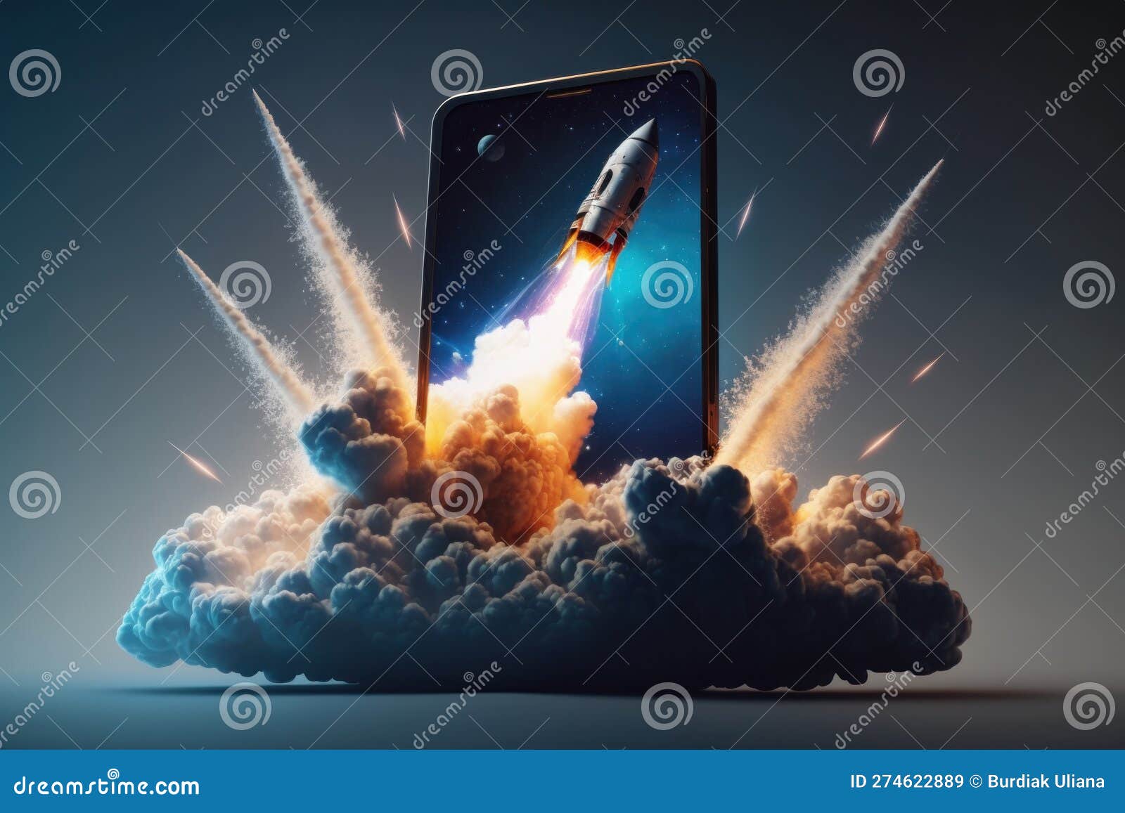 Launching Space Rocket from Tablet or Phone Screen, Generative AI Stock ...