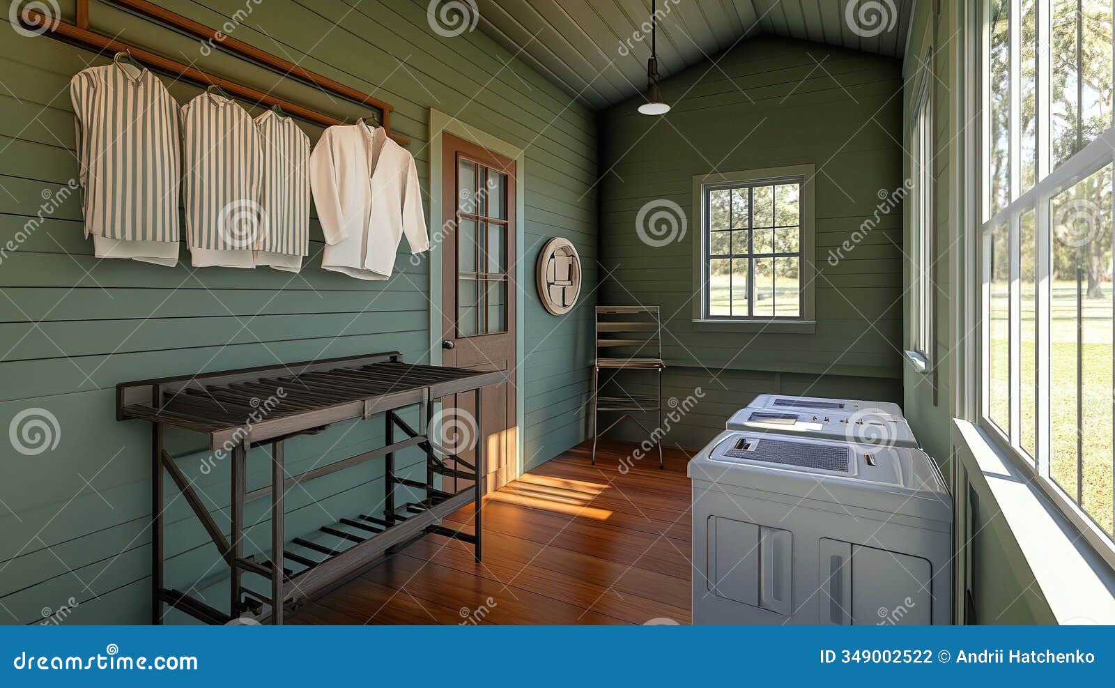 A Laundry Area Featuring Wall-mounted Drying Racks and a Folding ...
