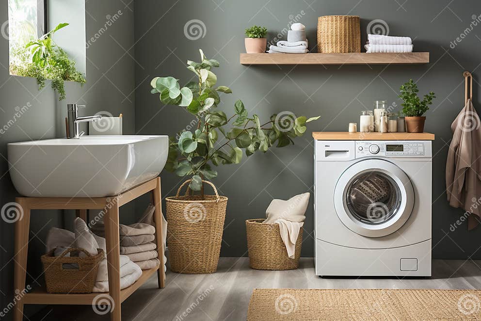 A Laundry Area with a Washing Machine Stock Illustration - Illustration ...