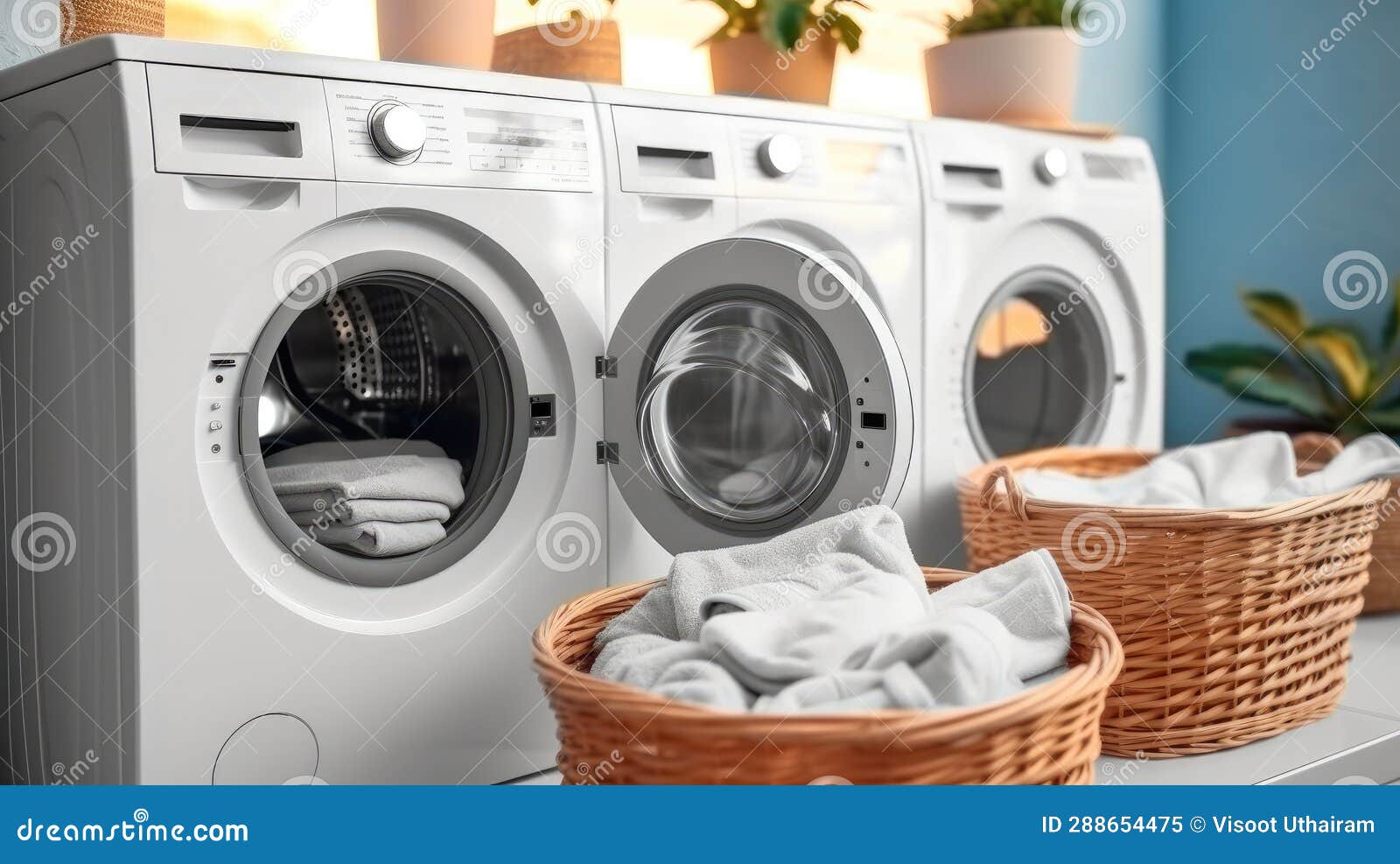 Laundry Basket with Dirty Clothes and Washing Machine in Restroom Stock ...