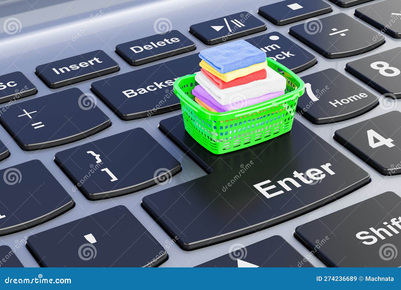 Laundry Basket Full of Clean Clothes on Laptop Keyboard, 3D Rendering ...