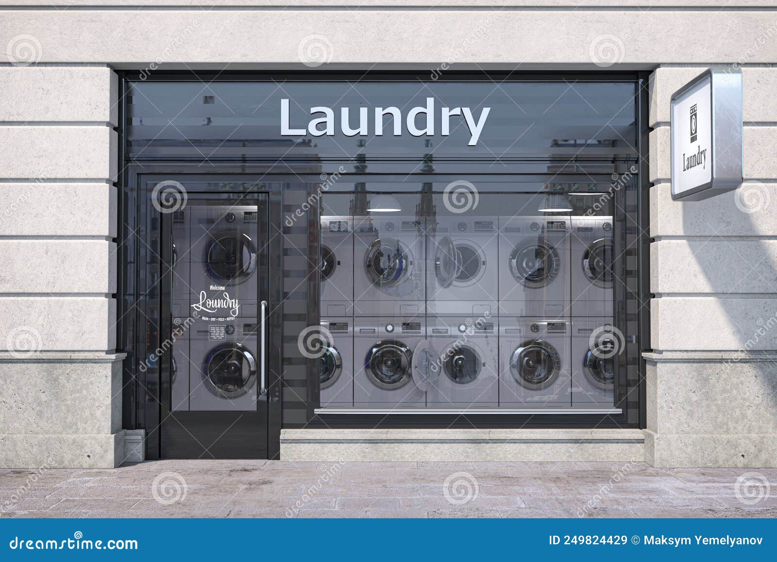 Laundry Building Exterior with Washing Machines Inside it Stock ...