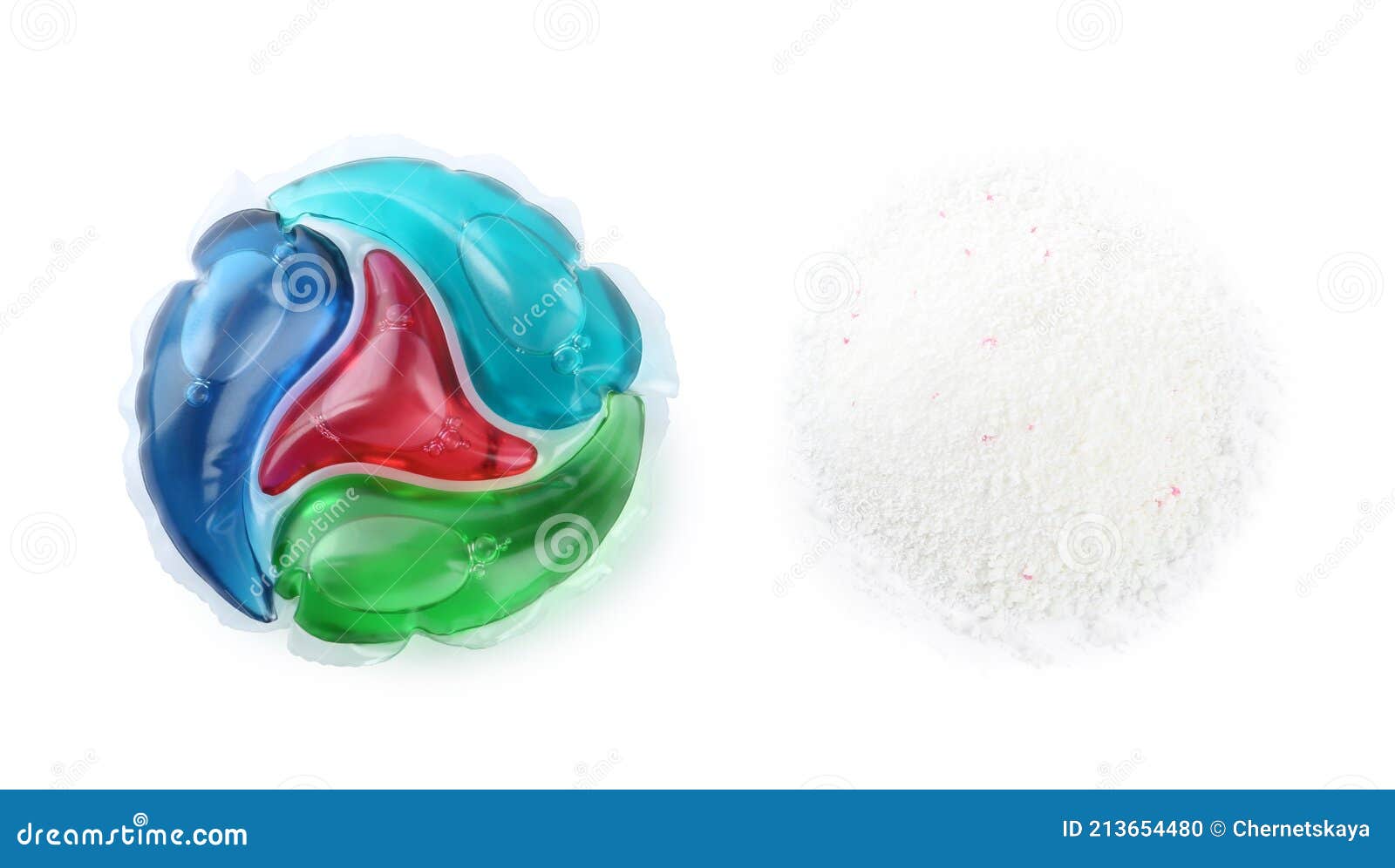 Laundry Capsule and Washing Powder on White Background, Top View Stock ...
