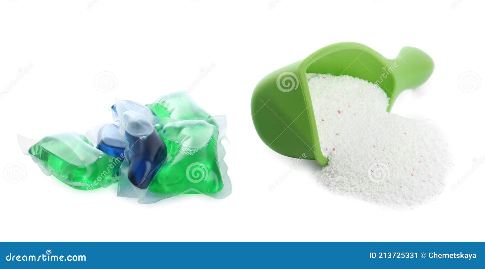 Laundry Capsules and Measuring Scoop of Washing Powder on White ...