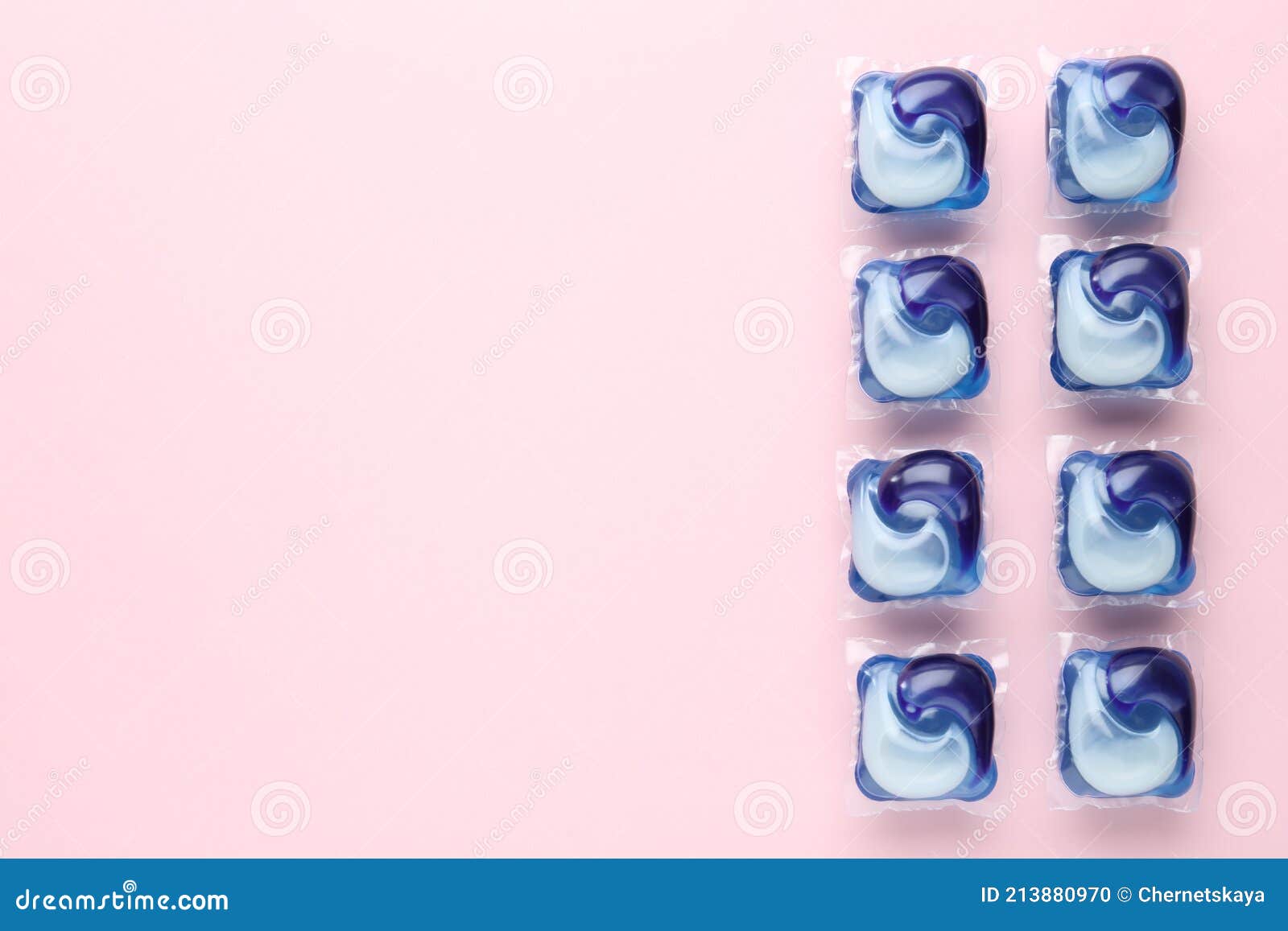 Laundry Capsules on Pink Background, Flat Lay. Space for Text Stock ...