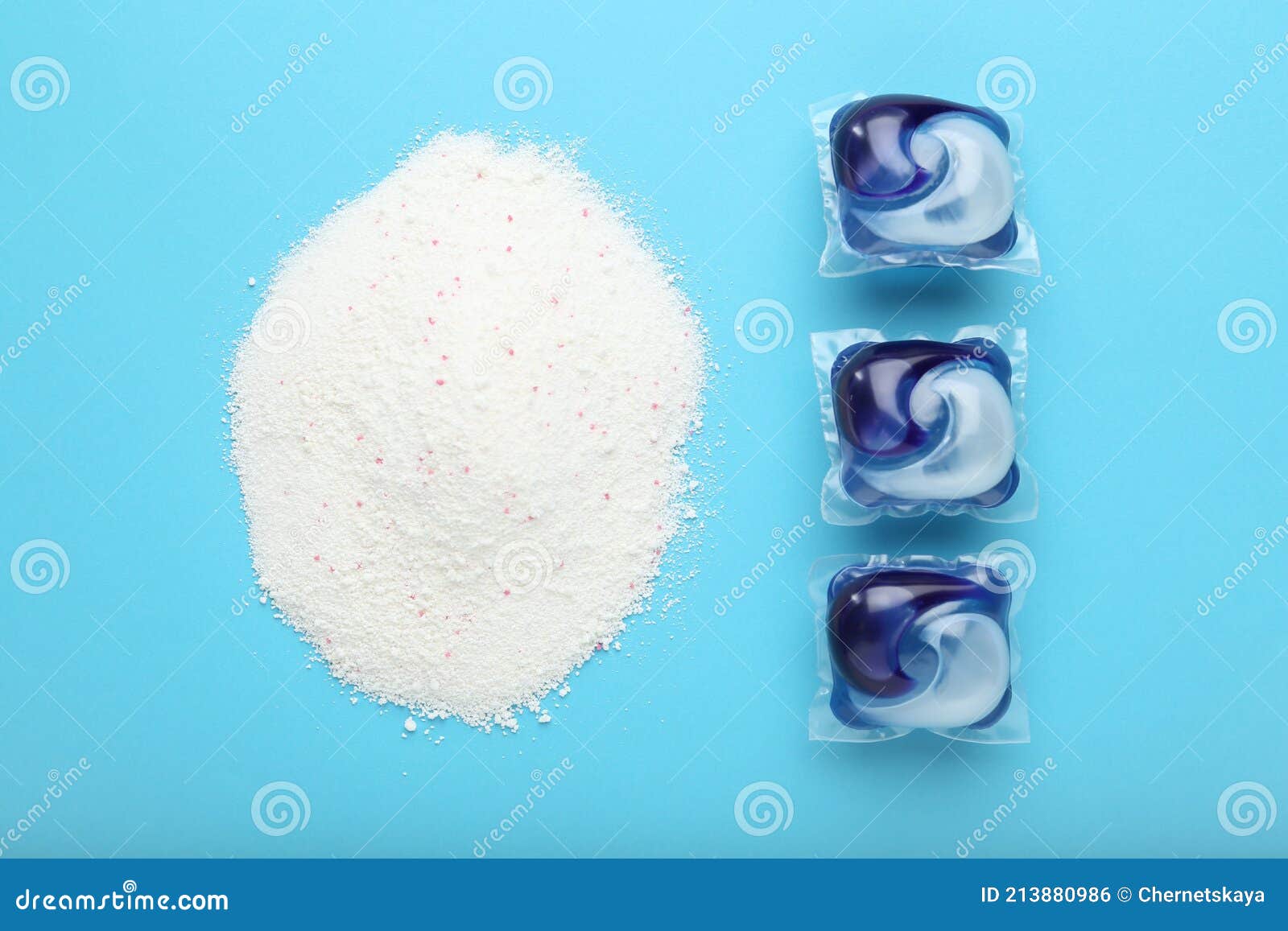 Laundry Capsules and Washing Powder on Turquoise Background, Flat Lay ...