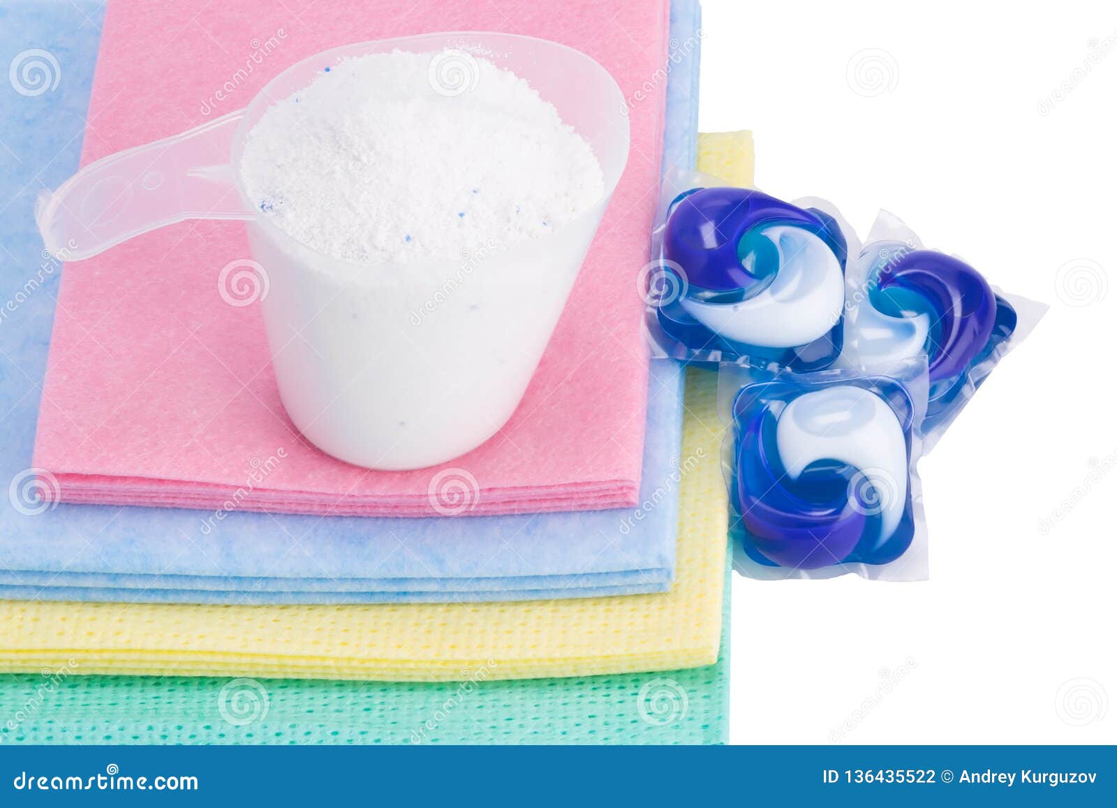 Laundry Detergents Lie with Multi-colored Rags, Isolated on White Stock ...