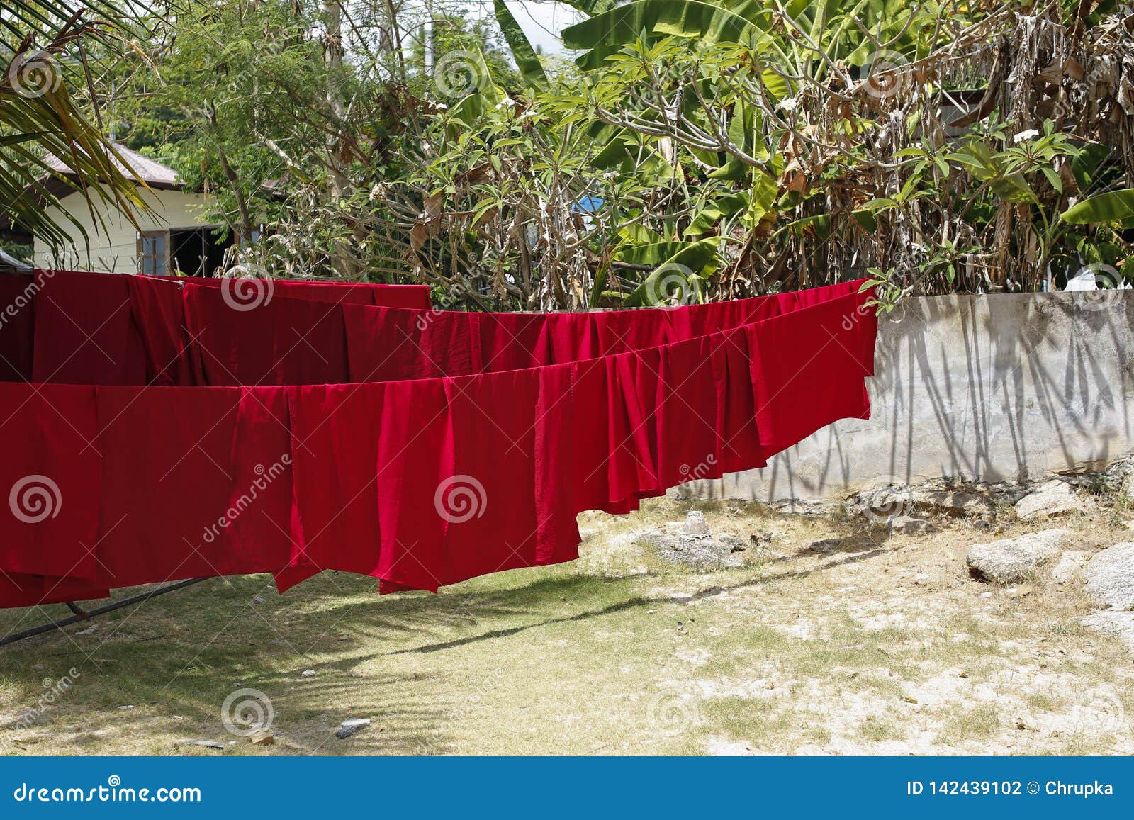 Laundry drying in the sun stock photo. Image of clothes - 142439102