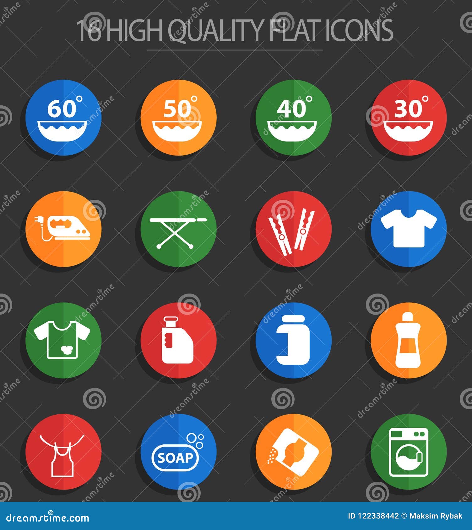 Laundry 16 flat icons stock vector. Illustration of powder - 122338442