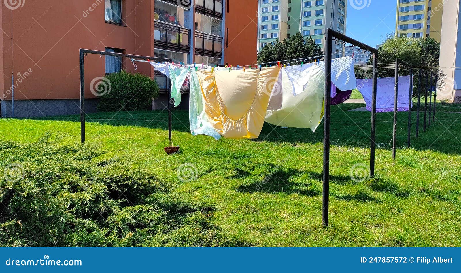 Laundry Hangs on the Laundry Stands in the Park Outside the Building ...