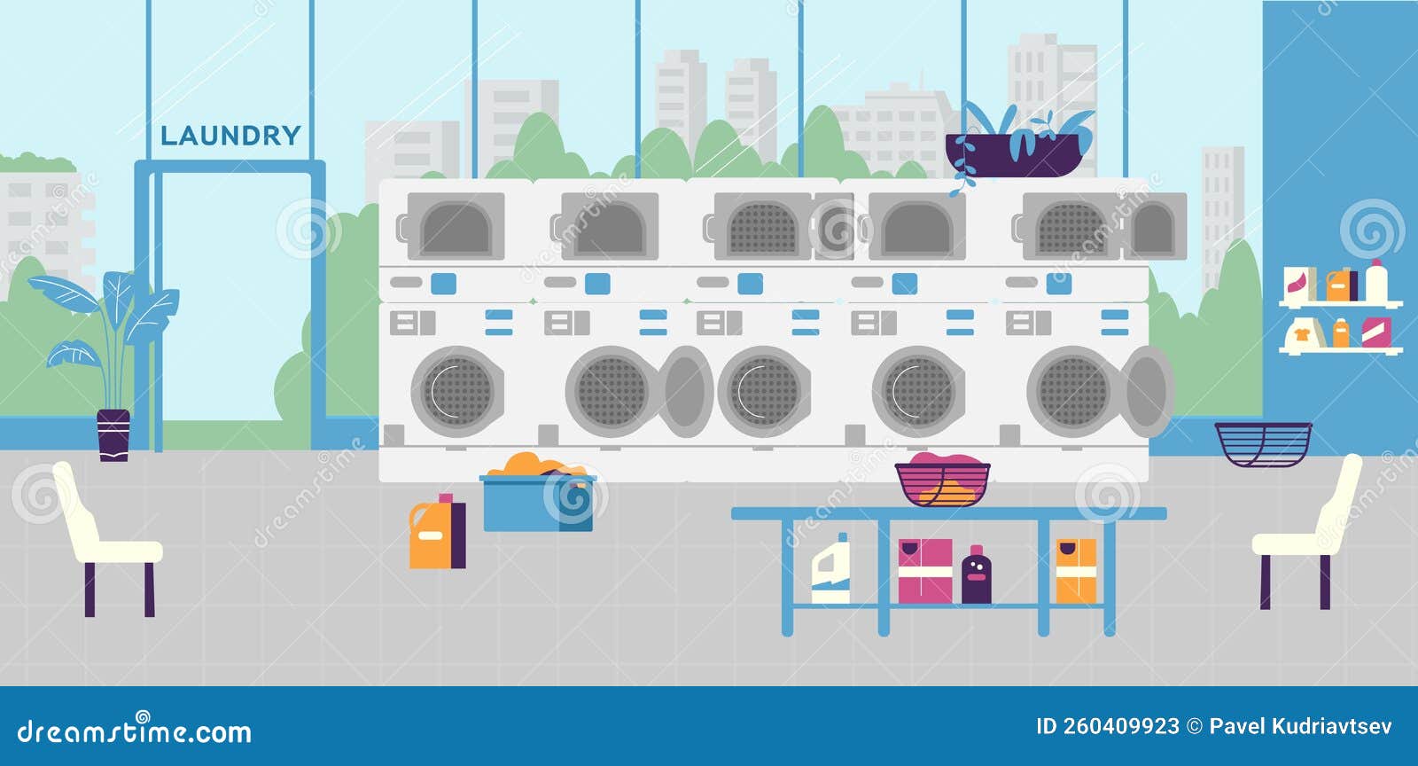 Laundry Room Interior with Laundromat Apparatus, Flat Vector ...