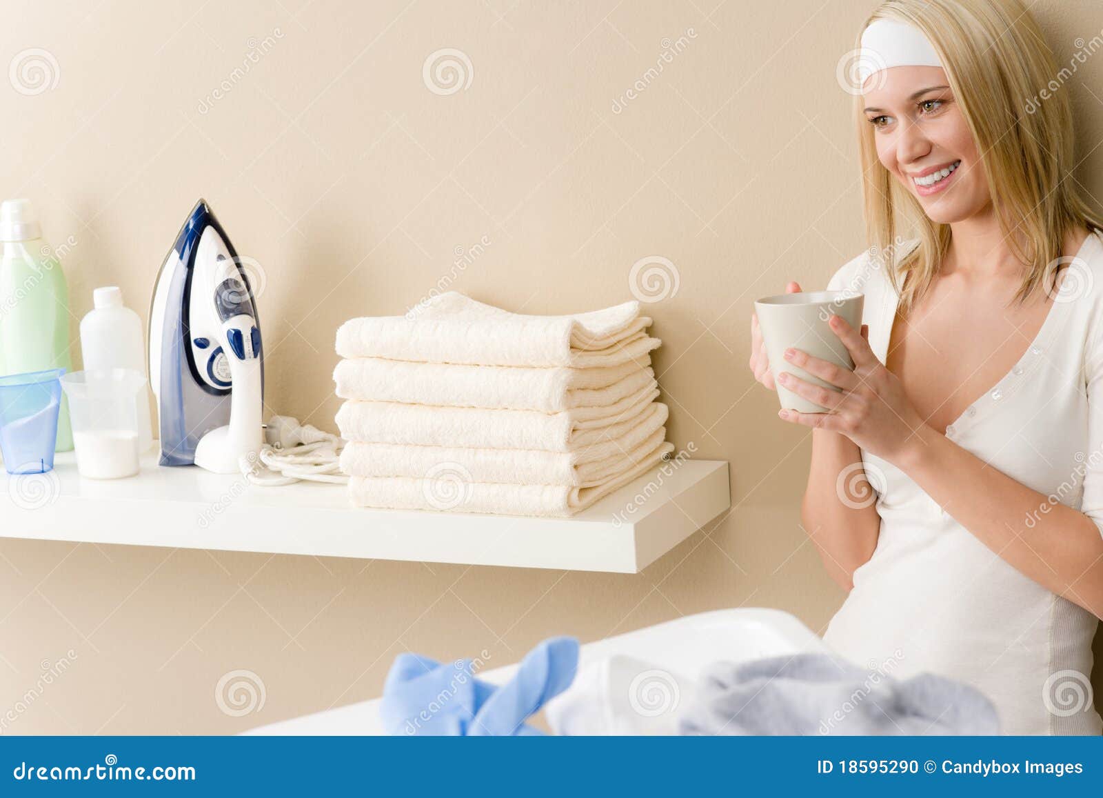 Laundry Ironing - Woman Coffee Break Stock Photo - Image of adult ...