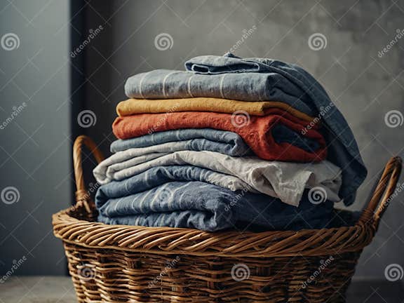 Laundry Items Stacked in a Basket Space for Text. Stock Image - Image ...