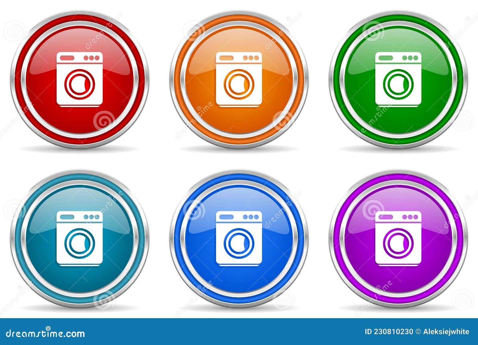 Laundry, Machine, Washer, Silver Metallic Glossy Icons, Set of Modern ...