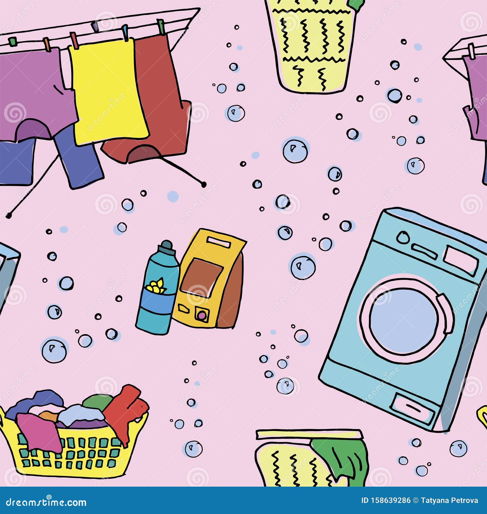 Laundry Pattern. Colored Doodle Elements for Washing Clothes, Washing ...