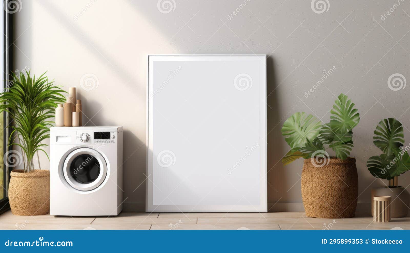 Minimalist White Frame Washing Machine Mockup with Plants Stock ...