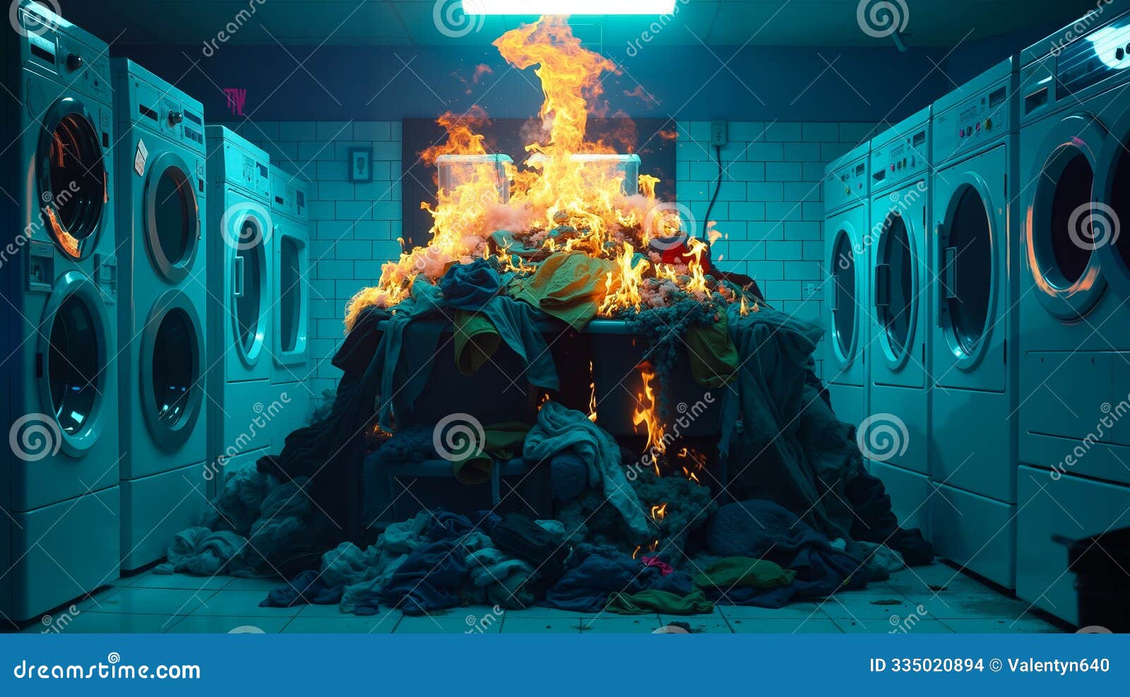 A Laundry Room Filled with Lots of Clothes on Fire Stock Photo - Image ...