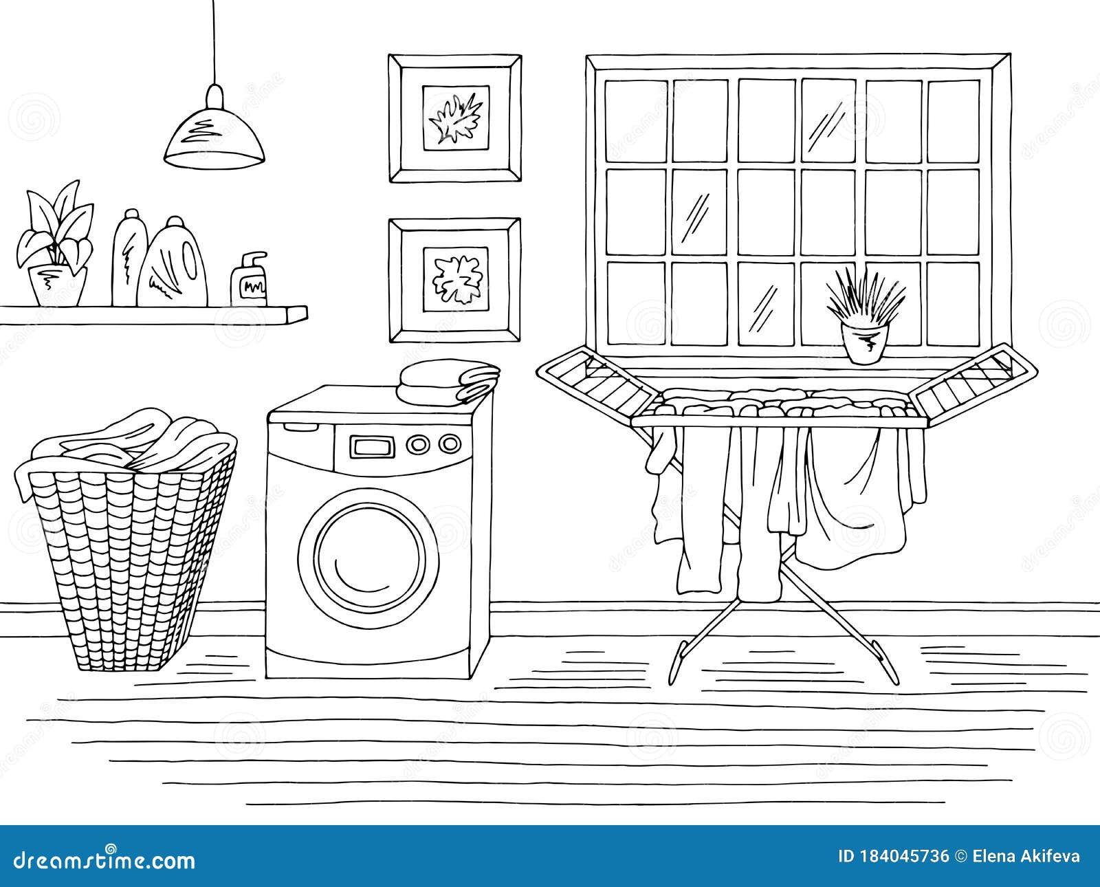 Laundry Room Home Interior Graphic Black White Sketch Illustration ...