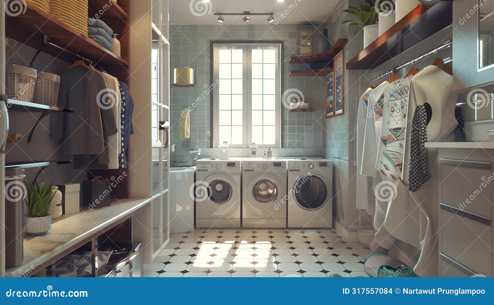 Laundry Room Interior with Washing Machine. 3d Render Illustration ...
