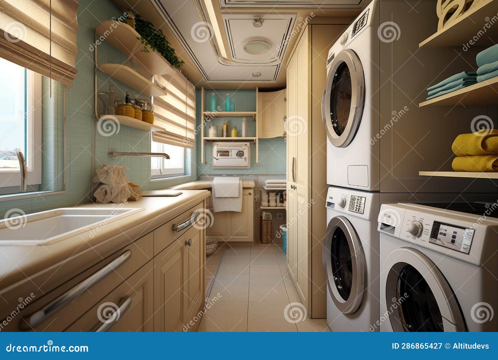 Laundry Room with Smart Washing Machine Setup Stock Illustration ...
