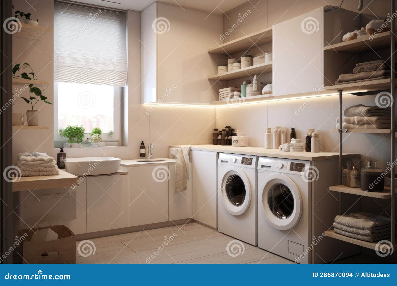 Laundry Room with Smart Washing Machine Setup Stock Photo - Image of ...