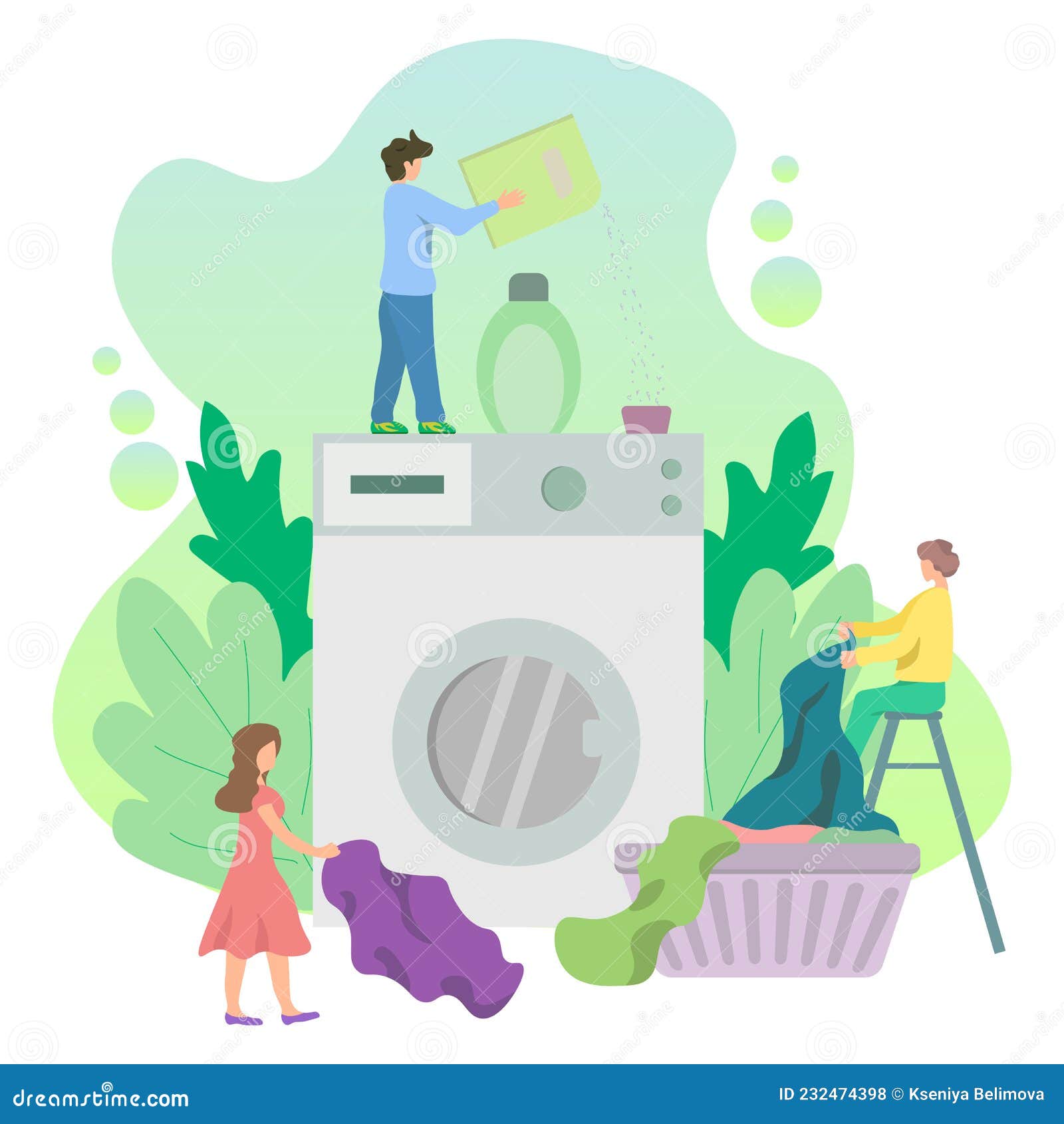Laundry Room With Tiny Characters Loading A Large Washing Machine, Flat ...