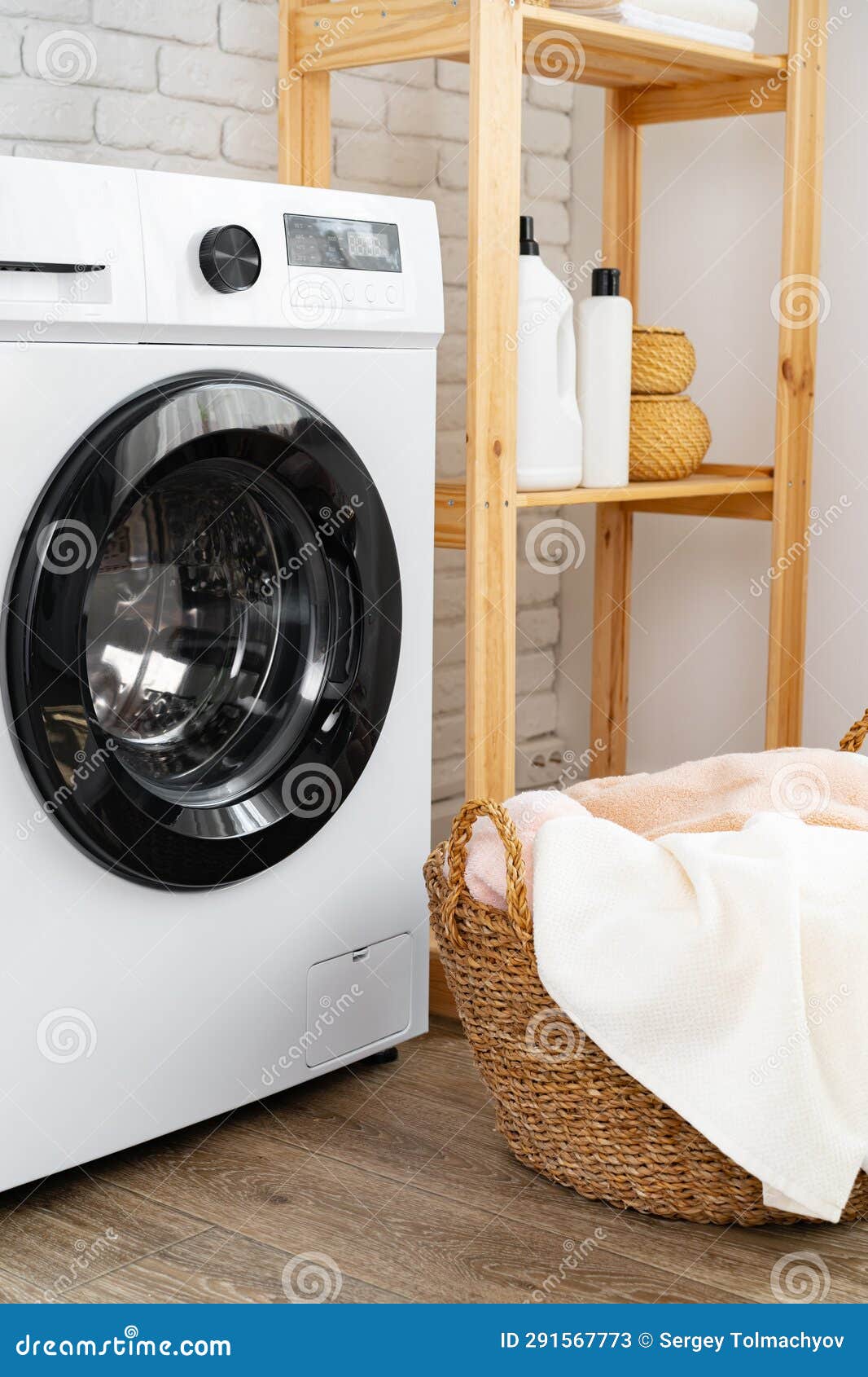 Laundry Room with Washing Machine and Basket with Laundry Stock Image ...