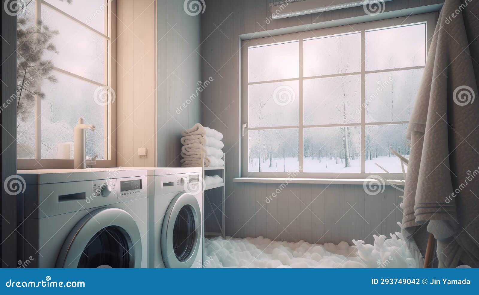 Laundry Room with Washing Machine and Window. 3d Rendering Stock ...