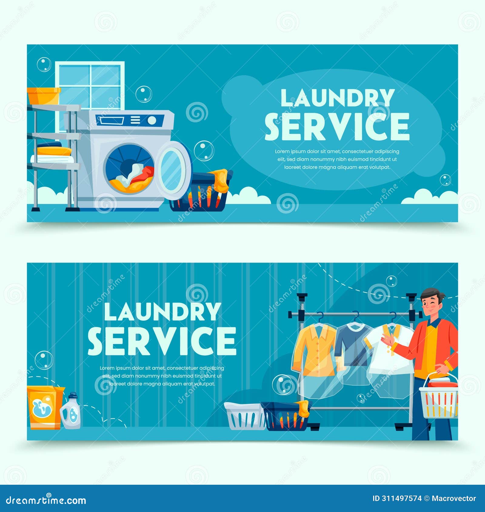 Laundry Service Horizontal Banners in Flat Design Stock Illustration ...