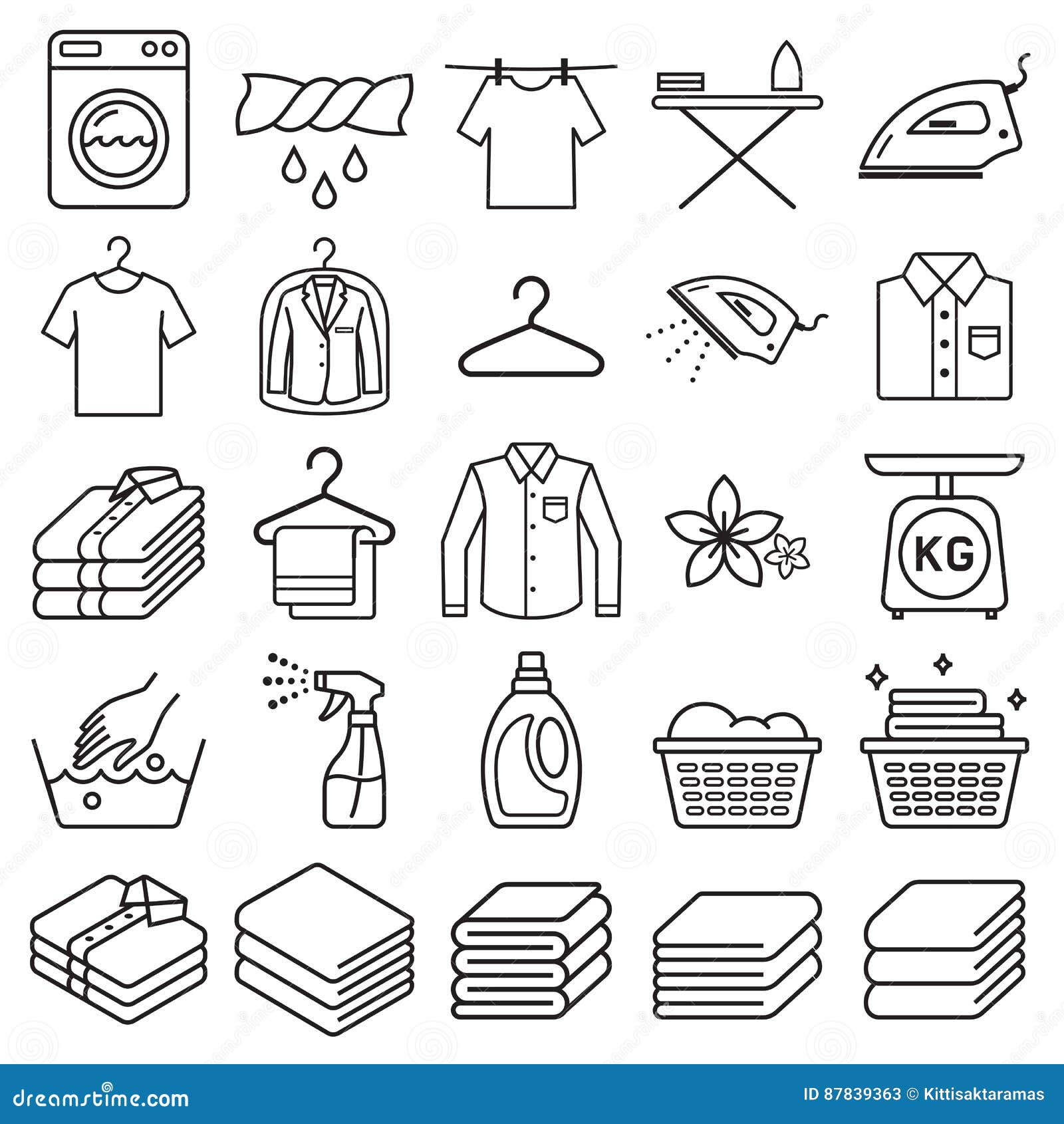 Laundry Service Thin Line Icons Set With Laundrette Cartoon Vector ...