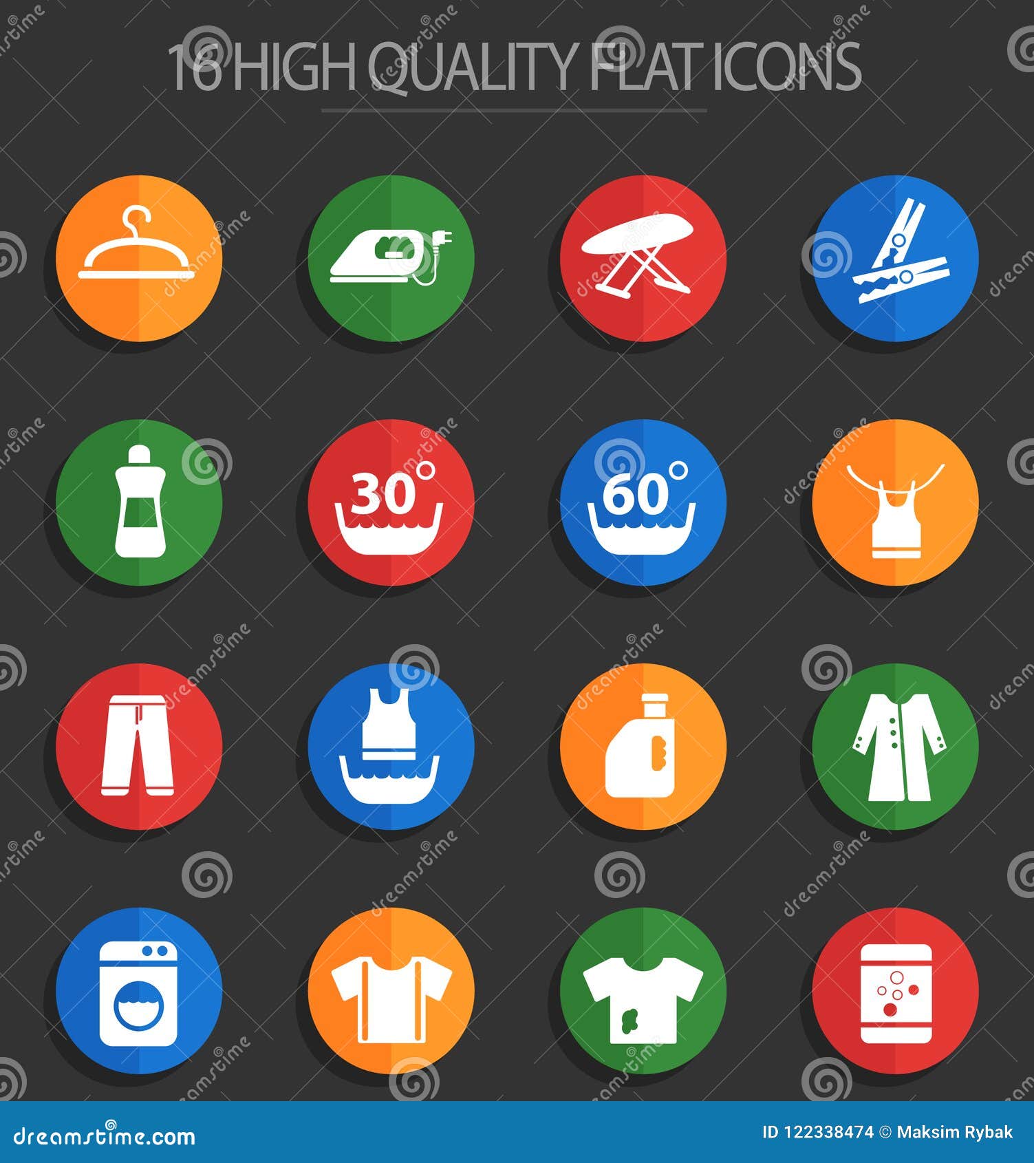 Laundry 16 flat icons stock vector. Illustration of raincoat - 122338474