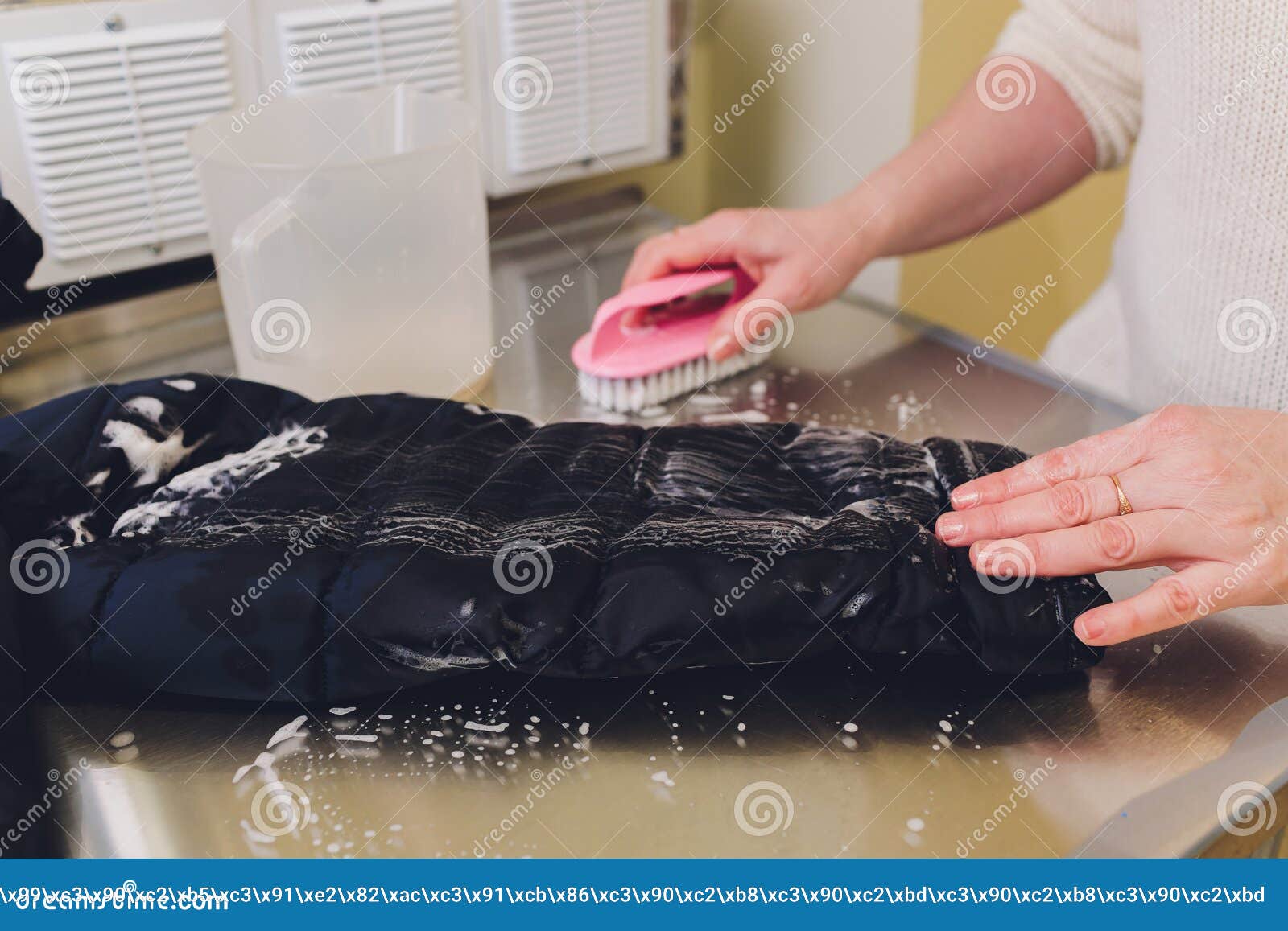 Laundry Worker in the Process of Cleaning Fur Brush. Stock Photo ...